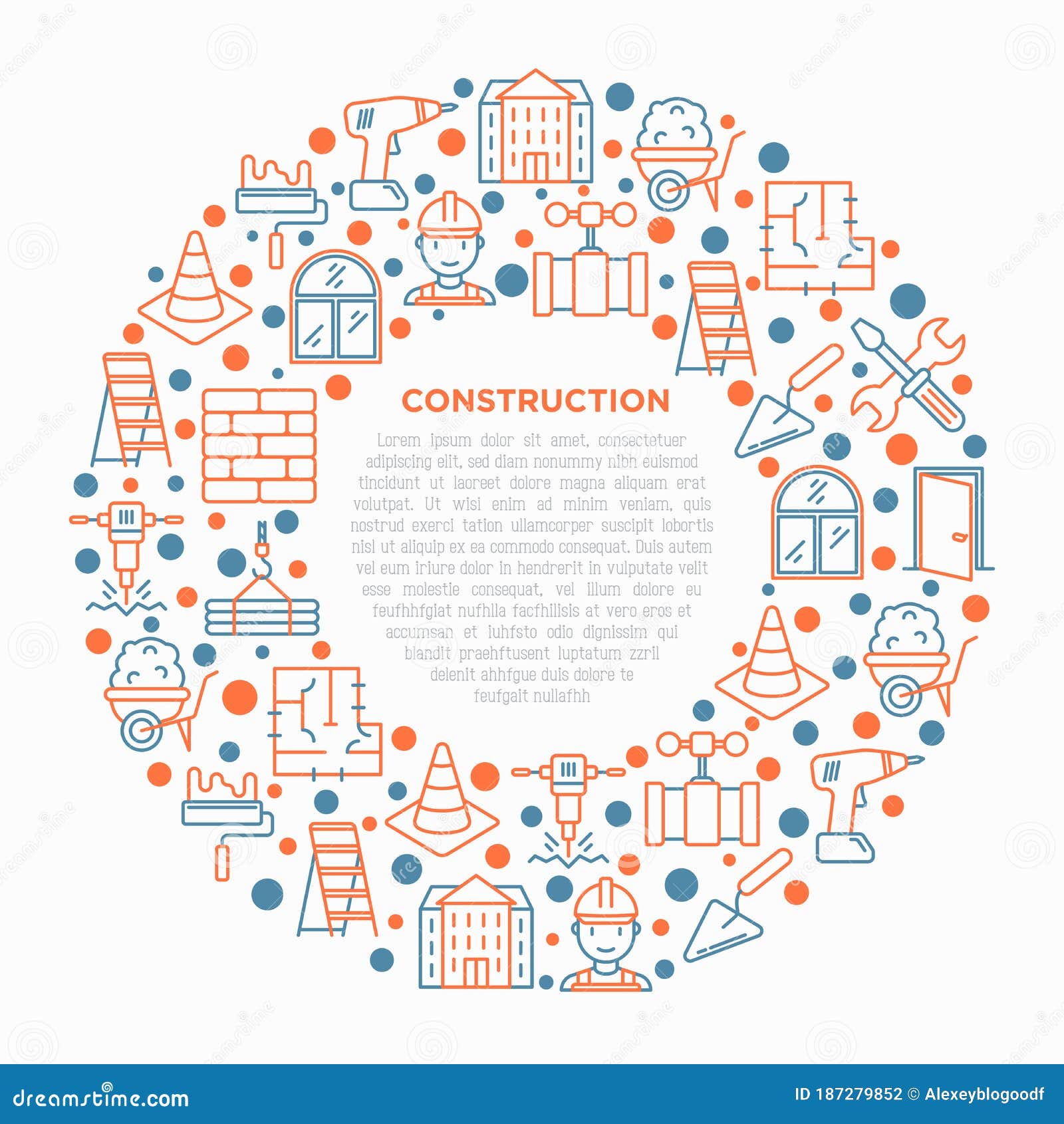 Construction Concept in Circle with Thin Line Icons: Builder in Helmet ...