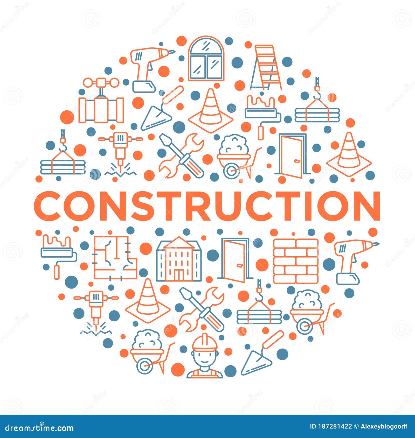 Construction Concept in Circle with Thin Line Icons: Builder in Helmet ...