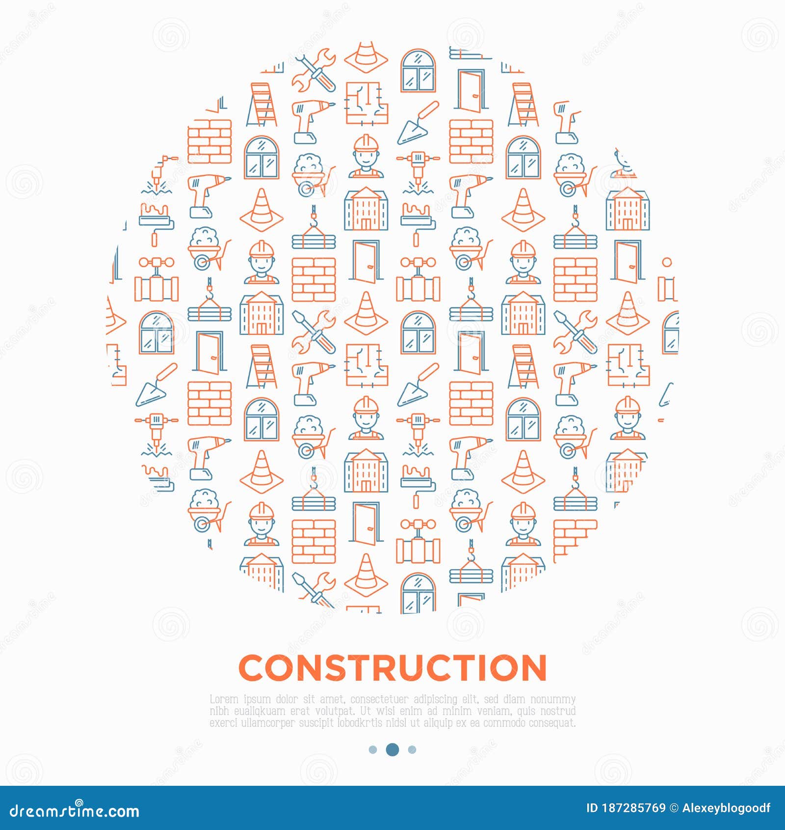 Construction Concept in Circle with Thin Line Icons: Builder in Helmet ...