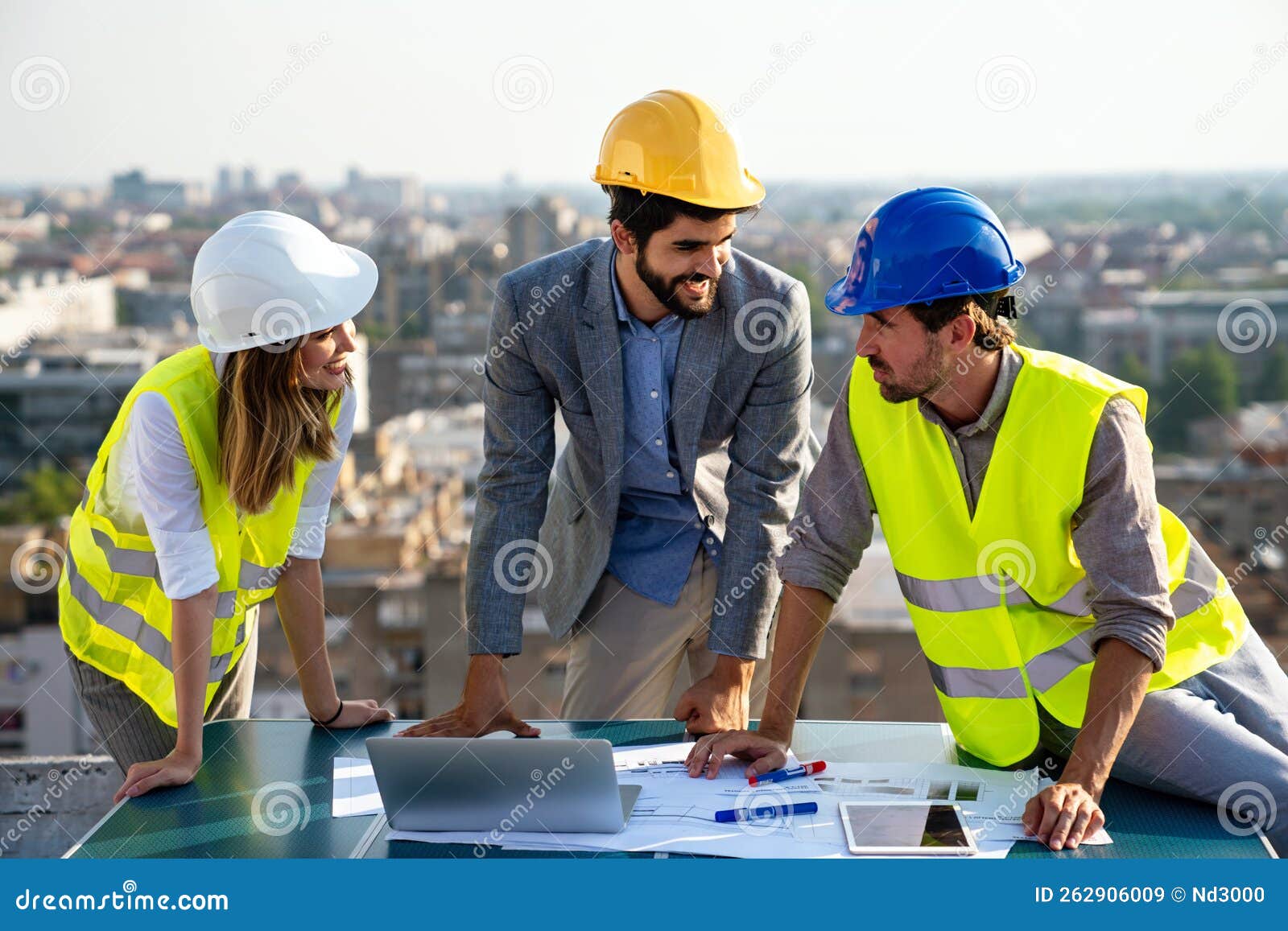 Construction Concept. Engineers and Architects Working at Construction ...