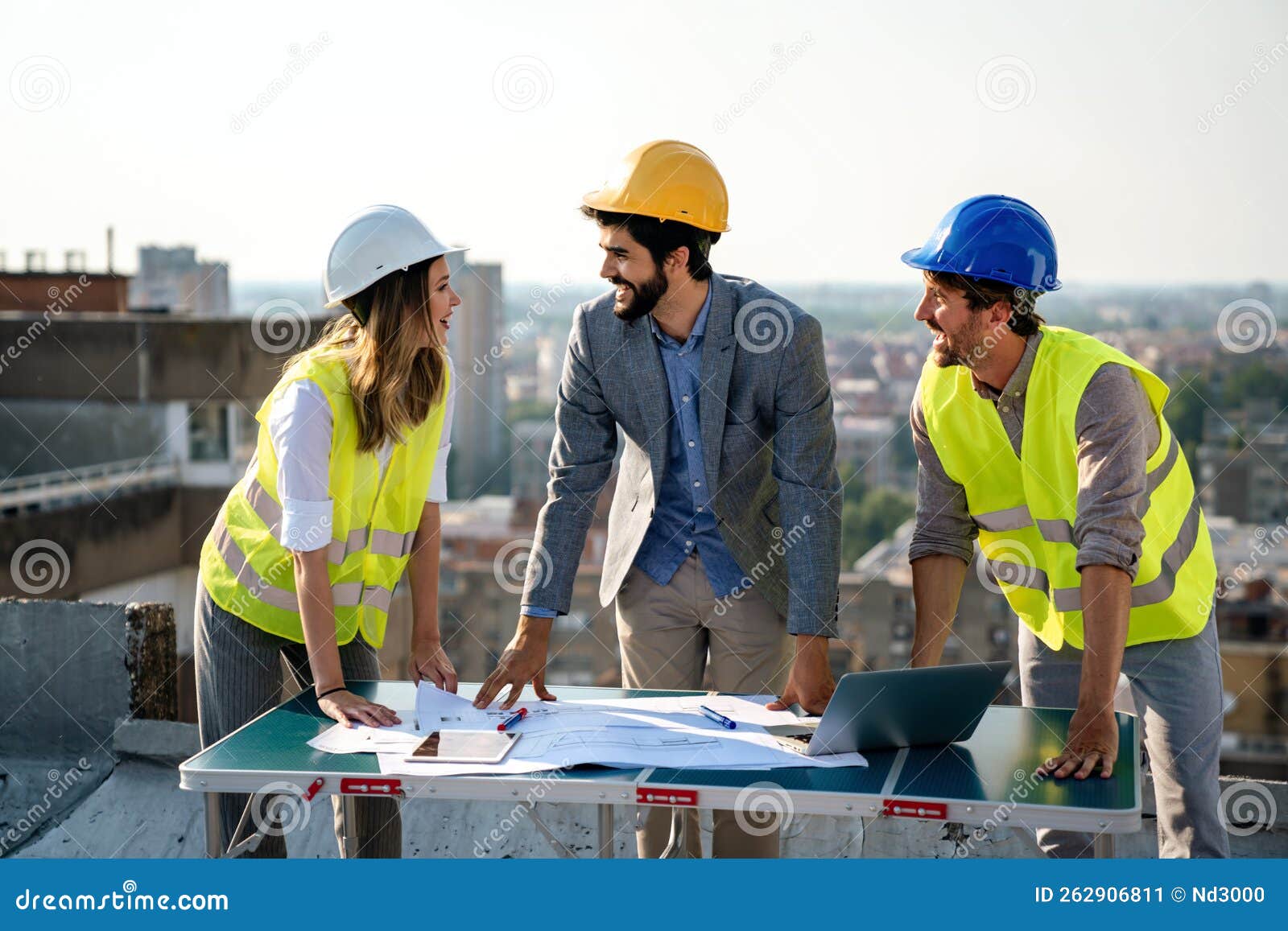 Construction Concept. Engineers and Architects Working at Construction ...