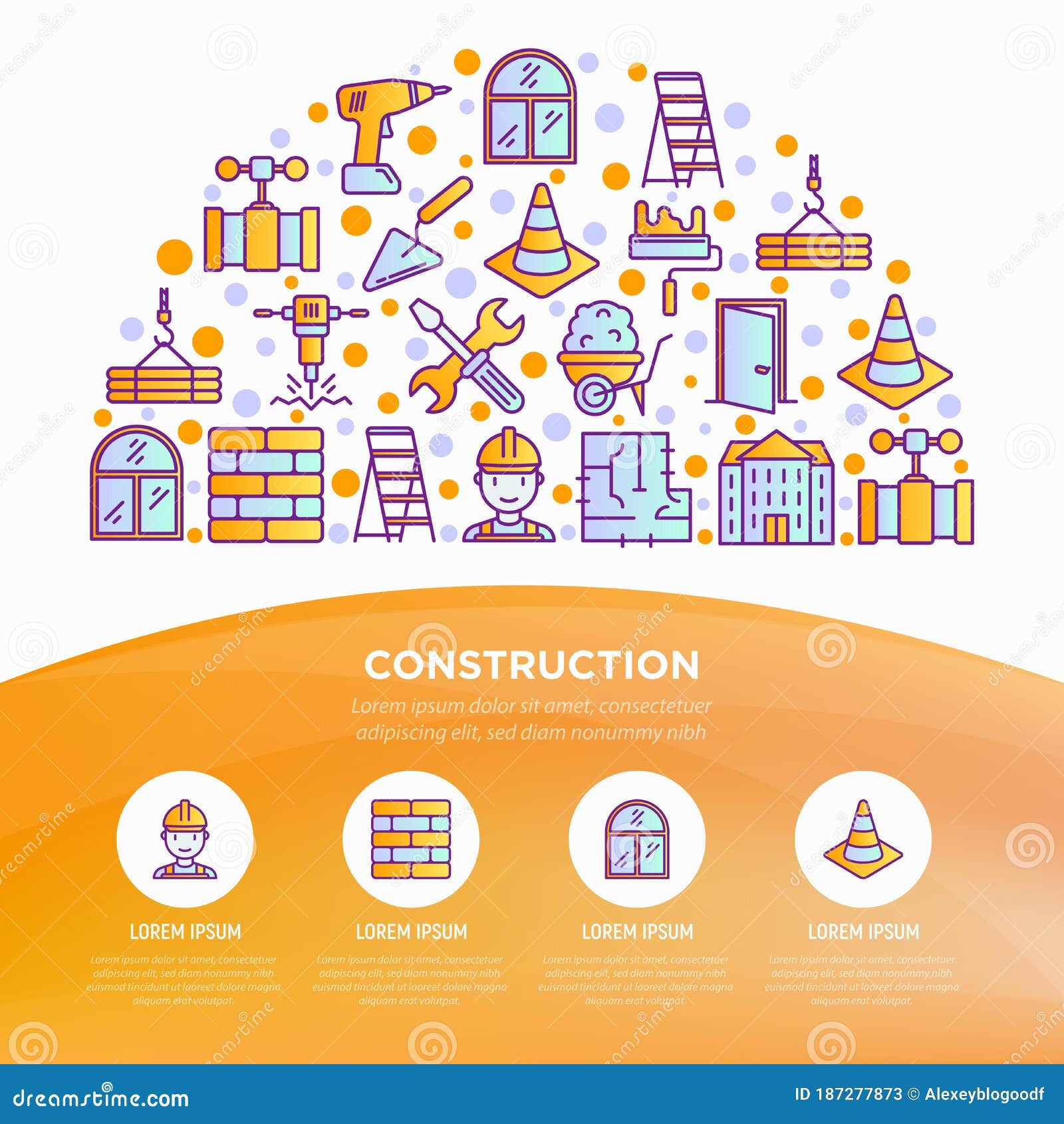 Construction Concept in Half Circle Thin Line Icons: Builder in Helmet ...