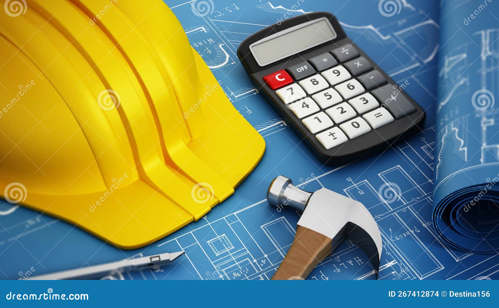 Construction Concept with Helmet,calculator, Hammer and Compass on ...