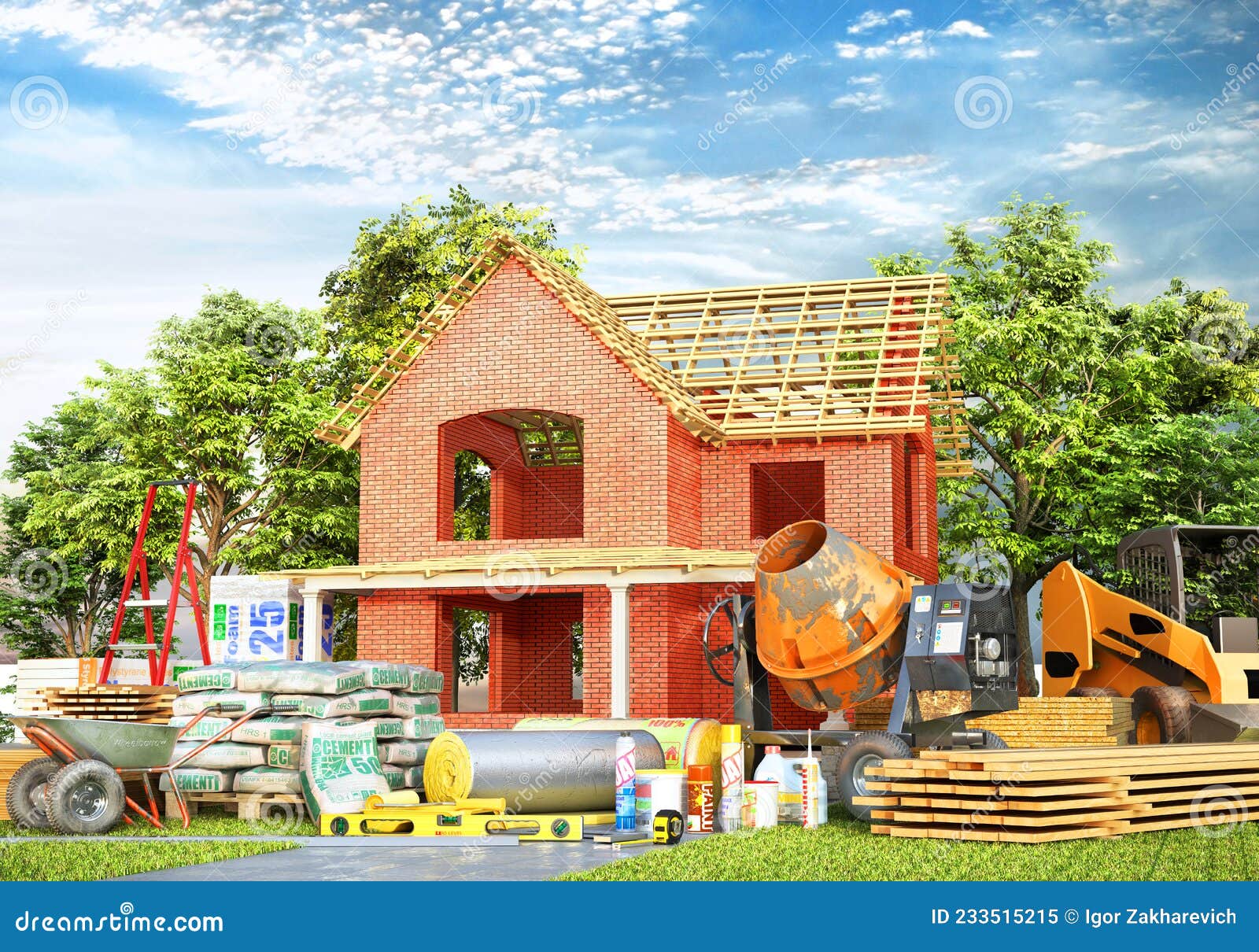 Construction Concept. House with Building Materials on the Front Yard ...