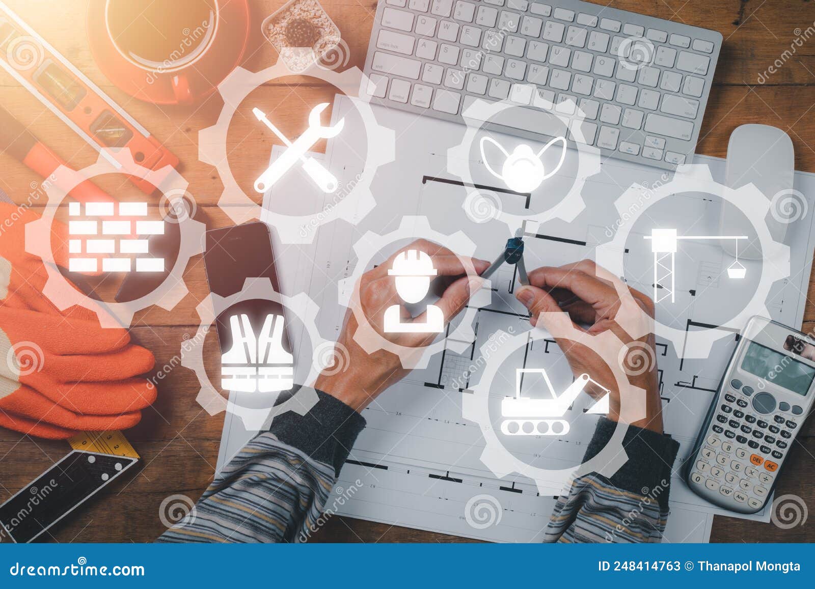 Construction Concept, Top View, Engineer Person Working on Computer ...