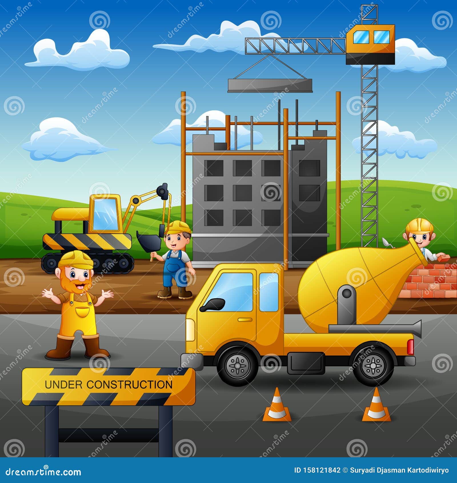 Construction Concept with Workers and Machines Building House Cartoon ...