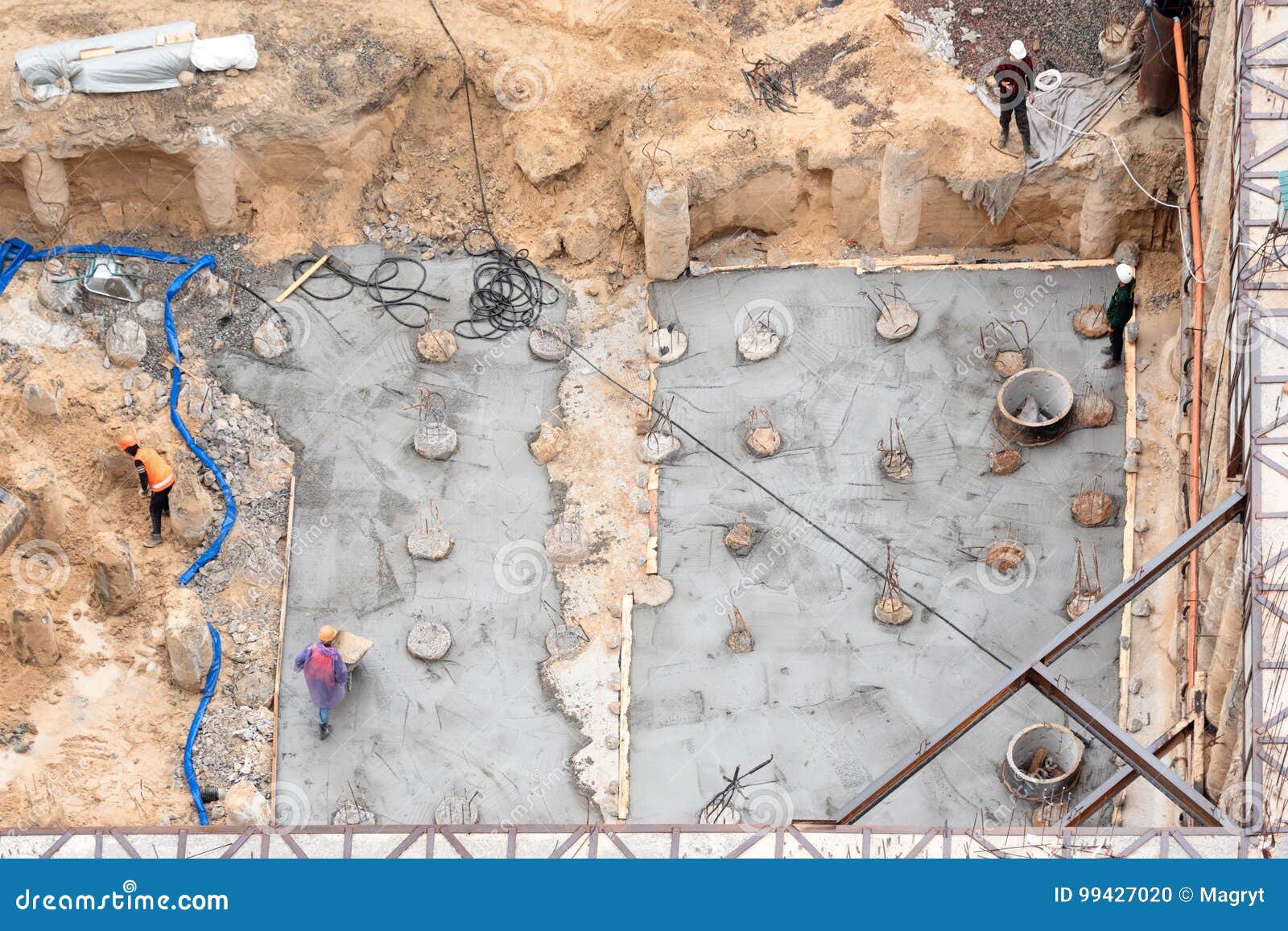 Construction of Concrete Foundation of New Building. Aerial Top View of ...