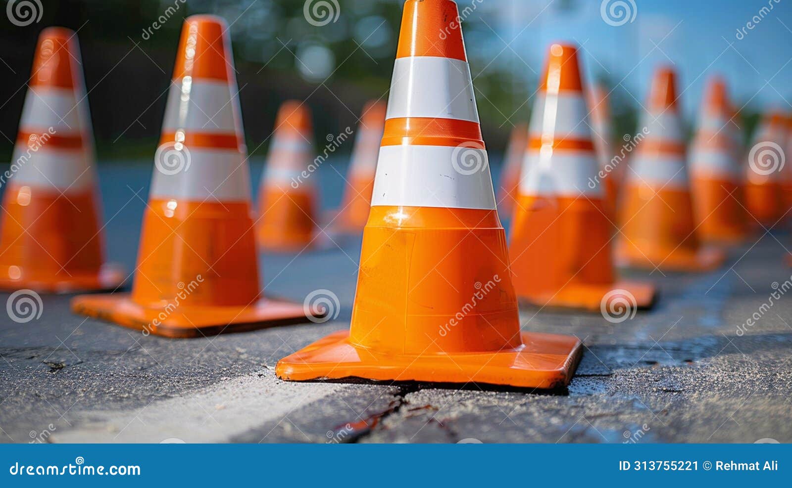 Construction Cones Marking Part of Road. Low Angel View_ Stock Image ...