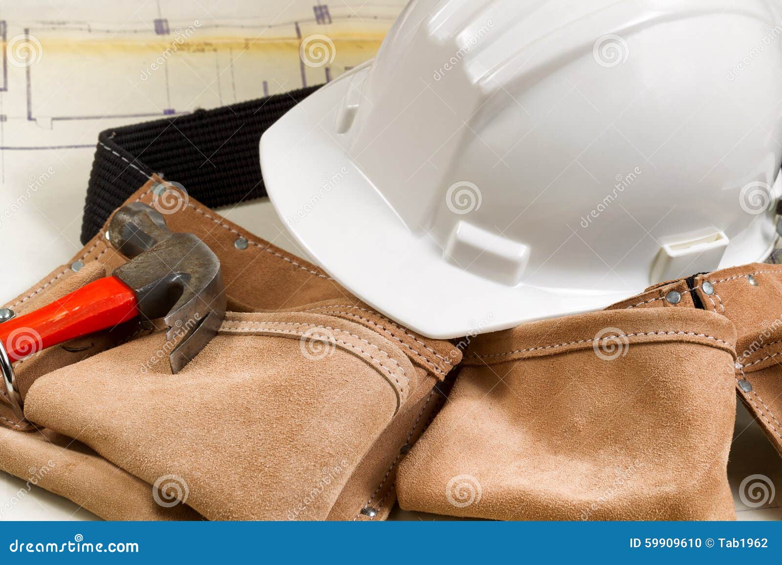 Construction Contractor Tools with Blue Print Drawings in Backgr Stock ...