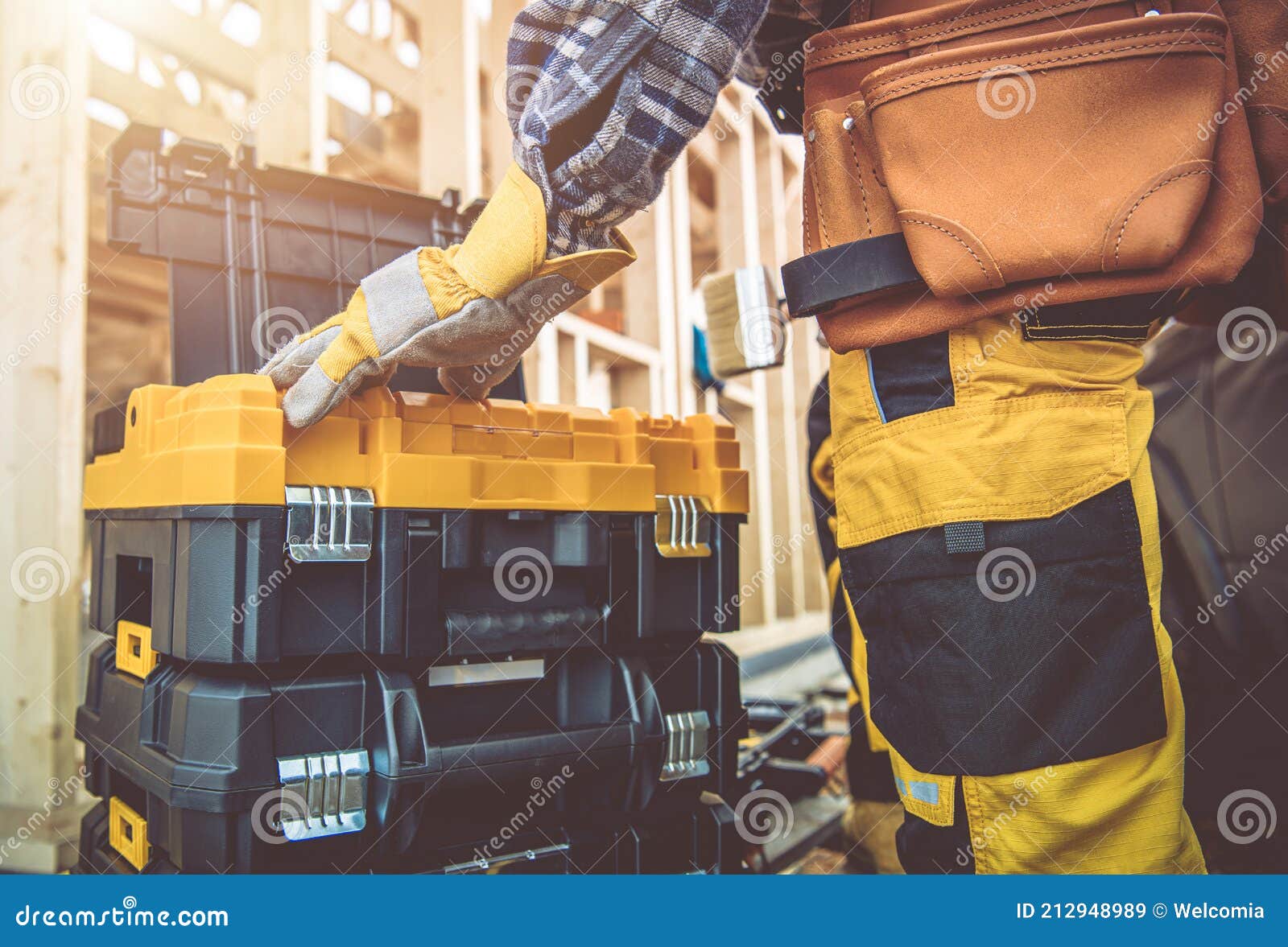 Construction Contractor Worker and His Tools Boxes Stock Image - Image ...