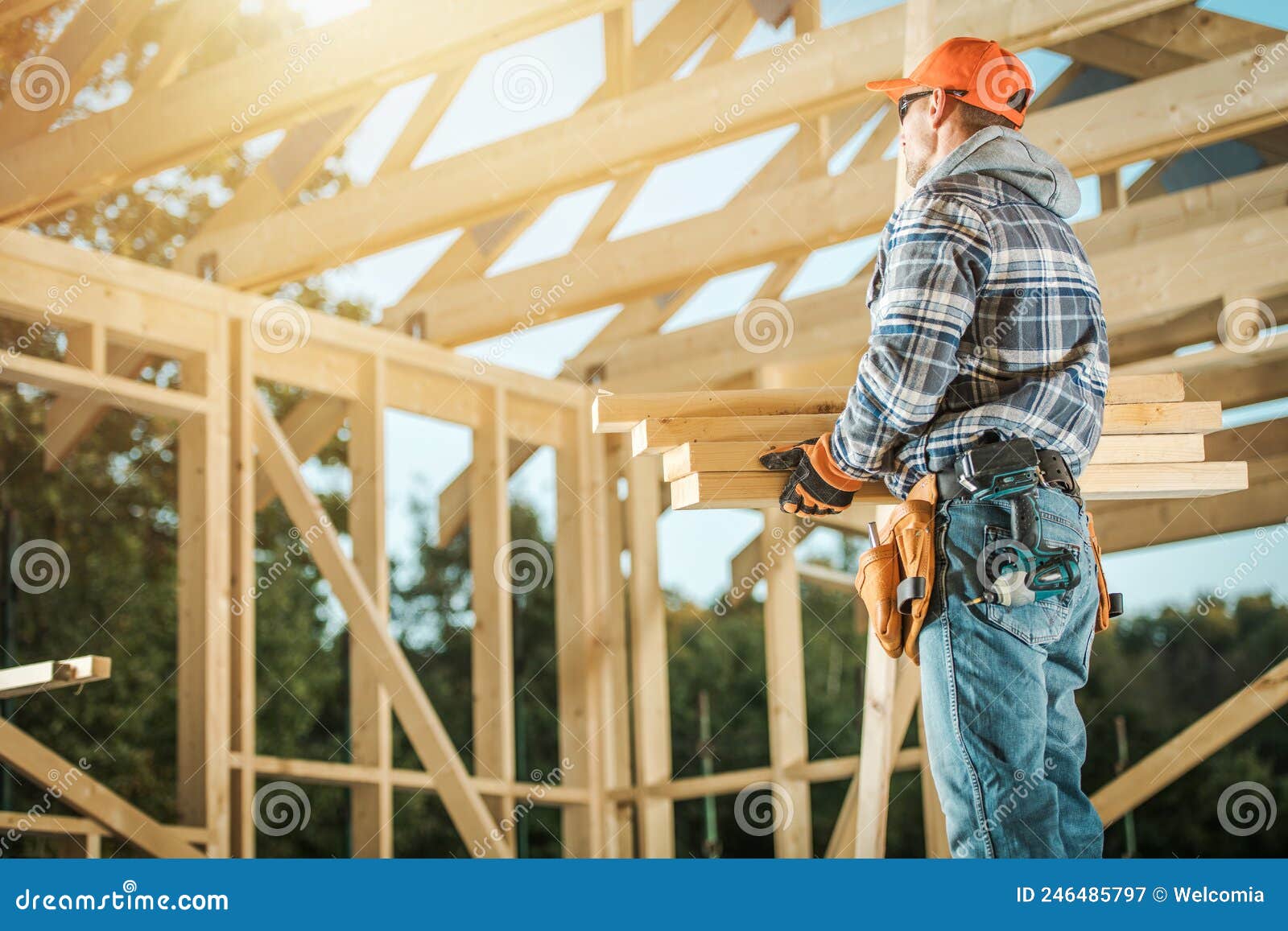 Construction Contractor Worker Moving Pieces of Wood Building Structure ...