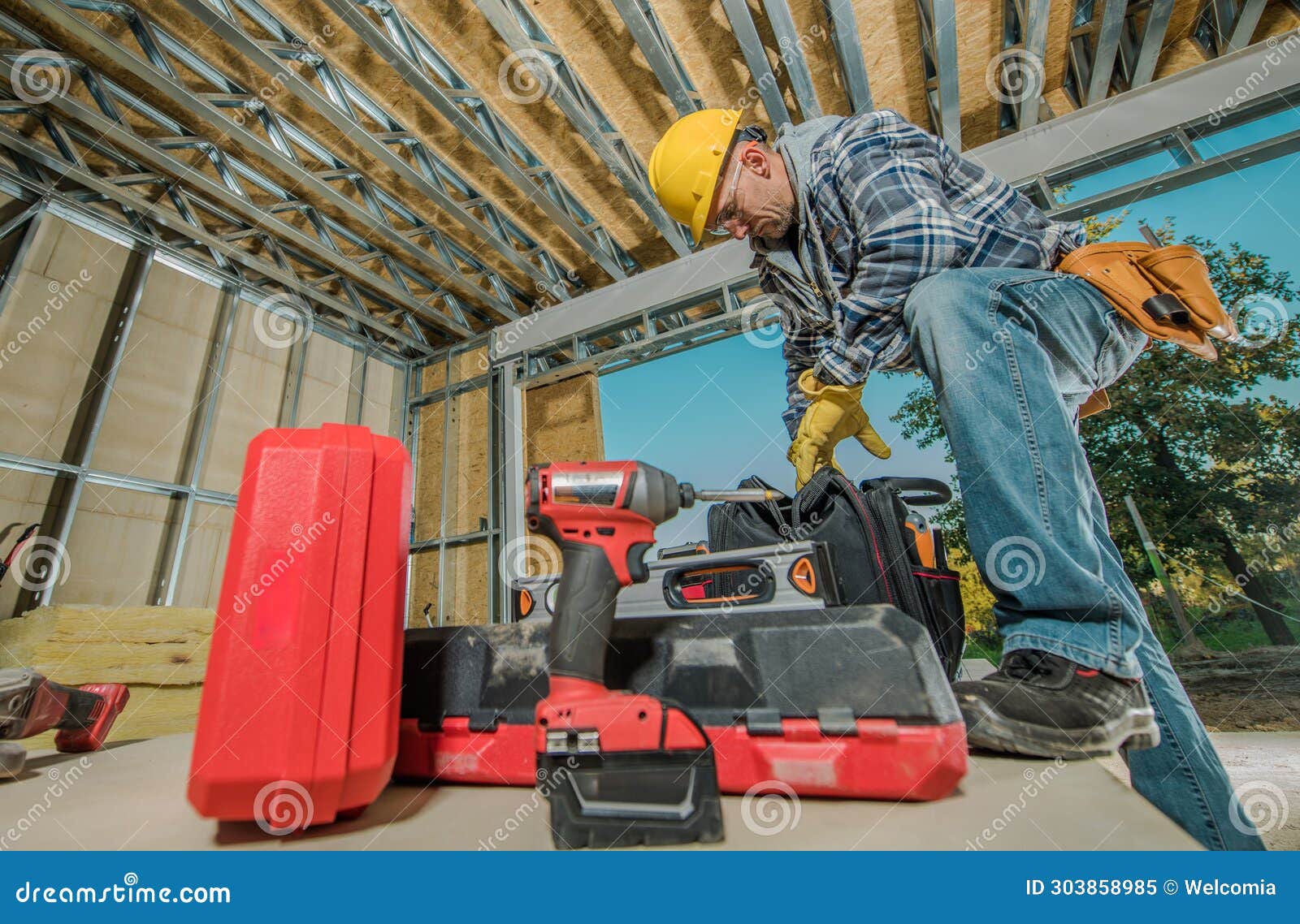 Construction Contractor Worker Preparing His Tools for a Job Stock ...
