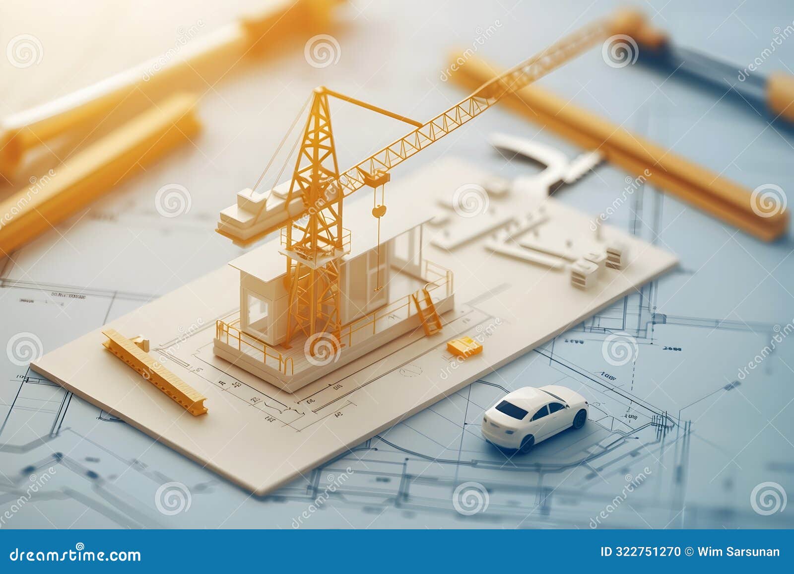 Construction Crane on Blueprint Plans for Industrial Development and ...