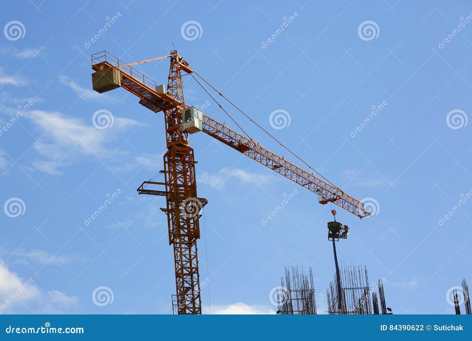 Construction Crane Hoisting Cement Bucket Mixer Pouring Stock Photo ...
