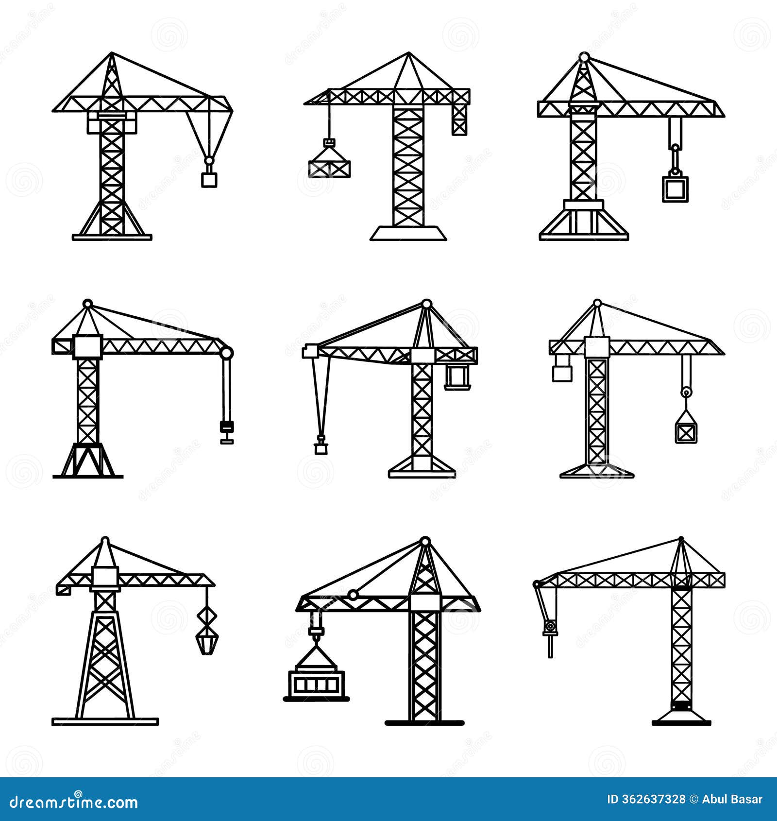 Crane Icons Set. Different Types Of Cranes, Linear Icon Collection. Cargo, Construction Pack ...