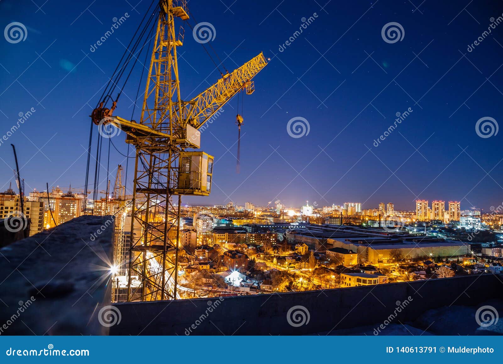 Construction Crane at Modern Buildings Construction Site, Night View ...