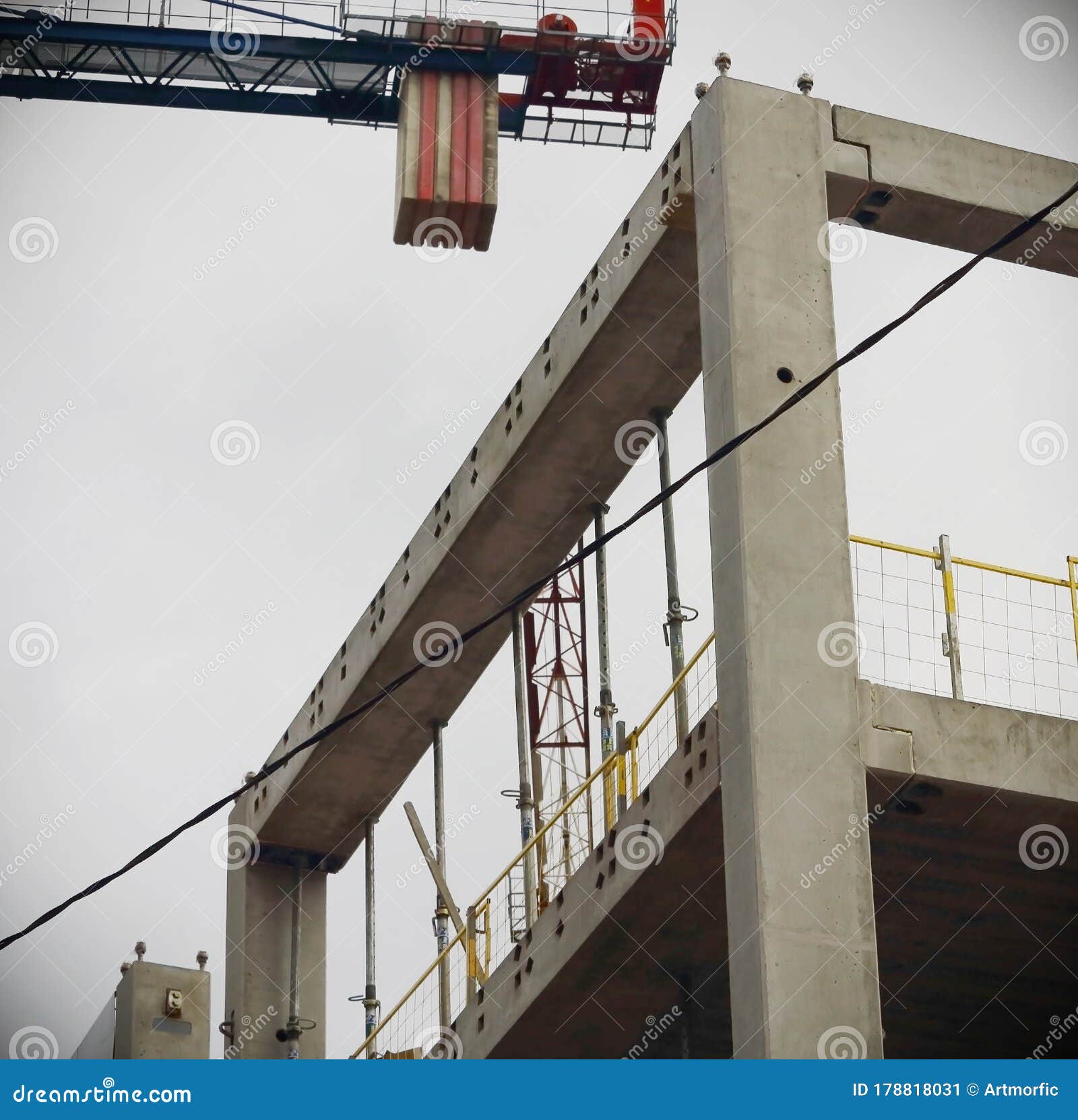 Construction Crane Over Concrete Building Carcass on White Sky Stock ...