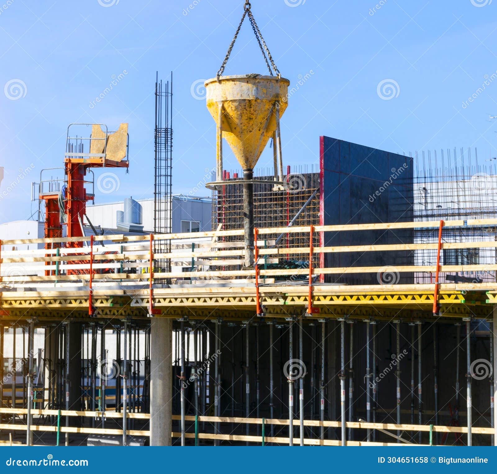 Construction Crane Tower on Blue Sky Background. Crane and Building Working Progress. Worker ...