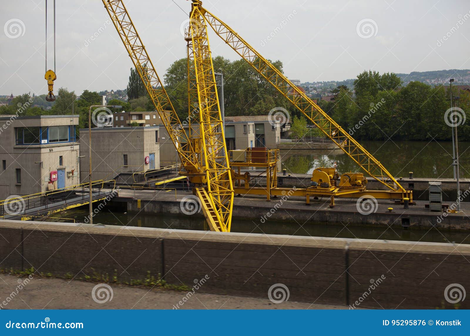 Construction Crane Works at a Dam Lock on the River in Germany ...