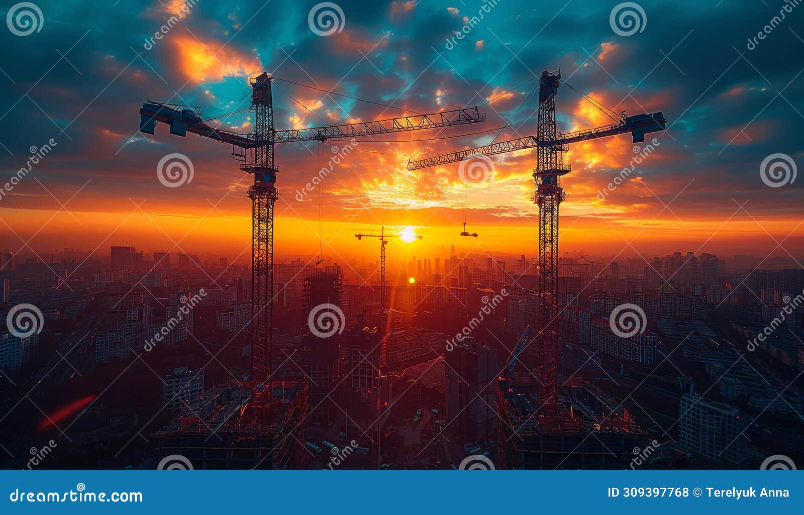 Construction Cranes and High-rise Buildings in the Background at Sunset ...