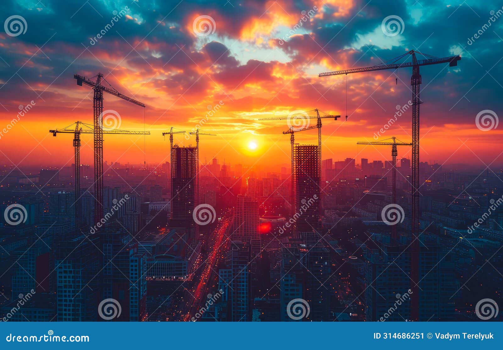 Construction Cranes and High-rise Buildings in the Background at Sunset ...