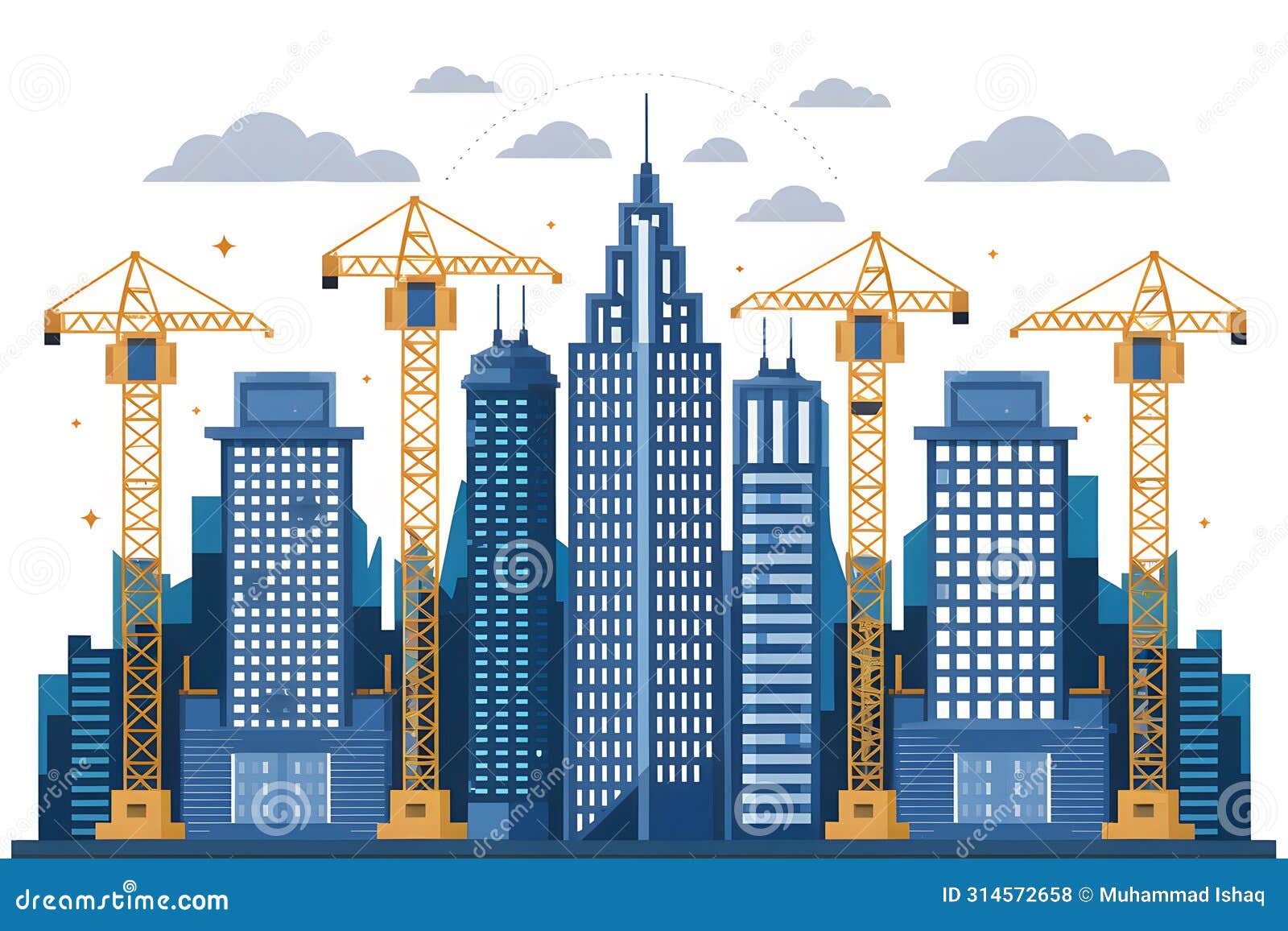 Construction Cranes and Skyscrapers on White Background Stock ...