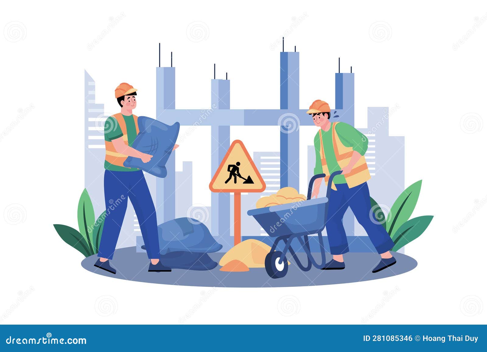 Construction Crew Lays Foundation For Skyscraper Vector Illustration ...