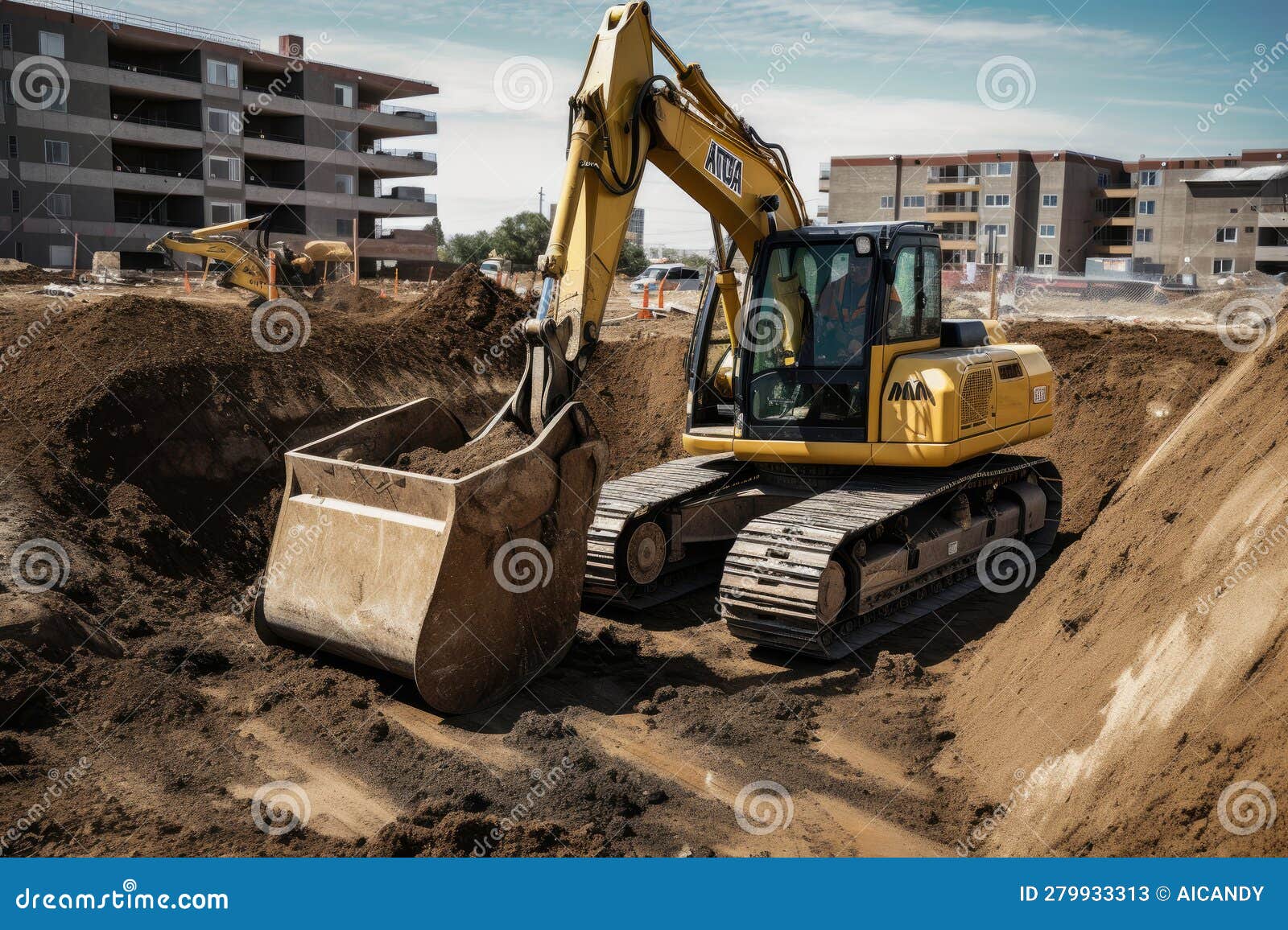 A Construction Crew Operating a Backhoe To Excavate Soil in a ...