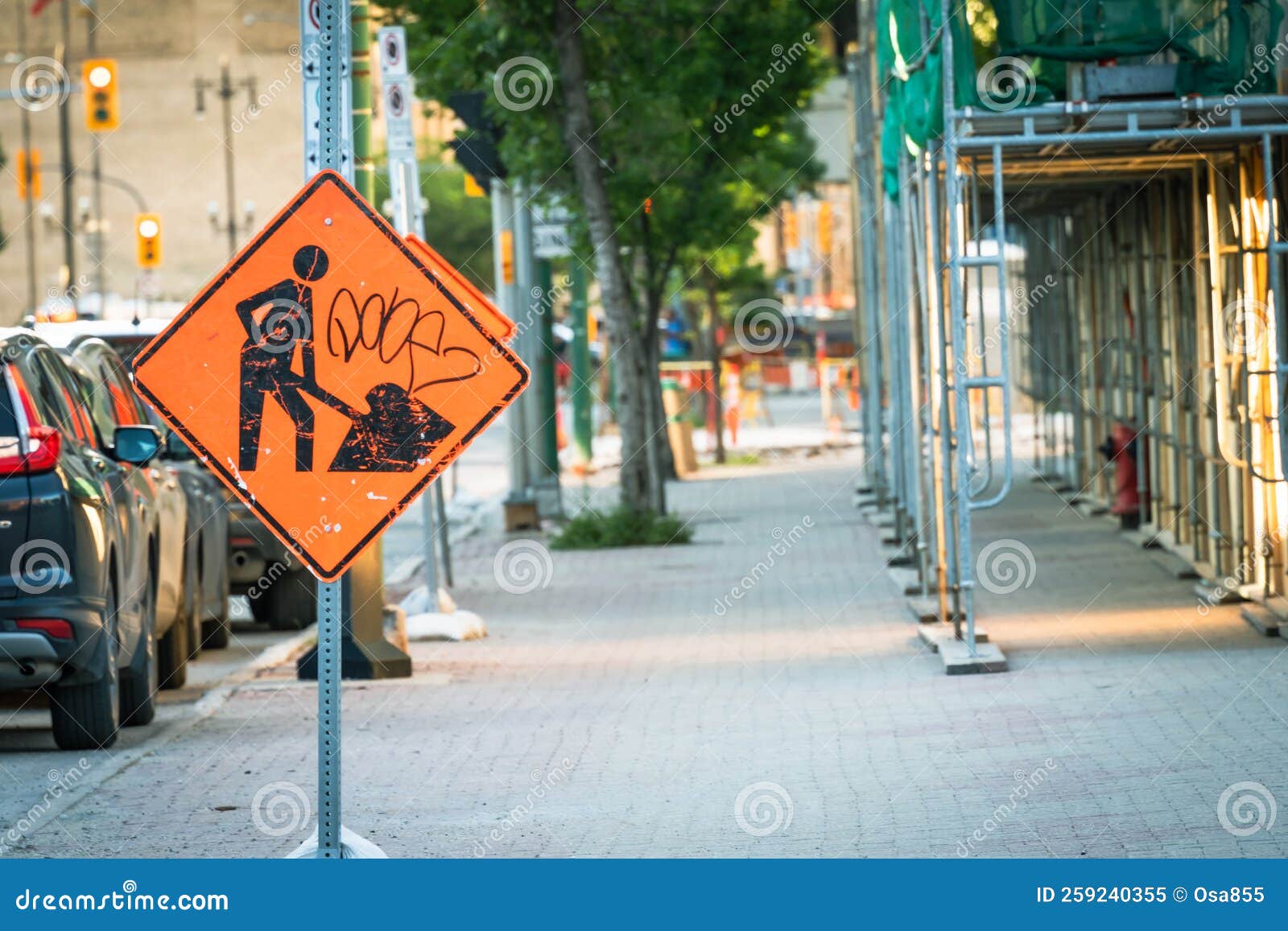 Construction Dig Sign on Winnipeg Sidewalk Stock Image - Image of urban ...