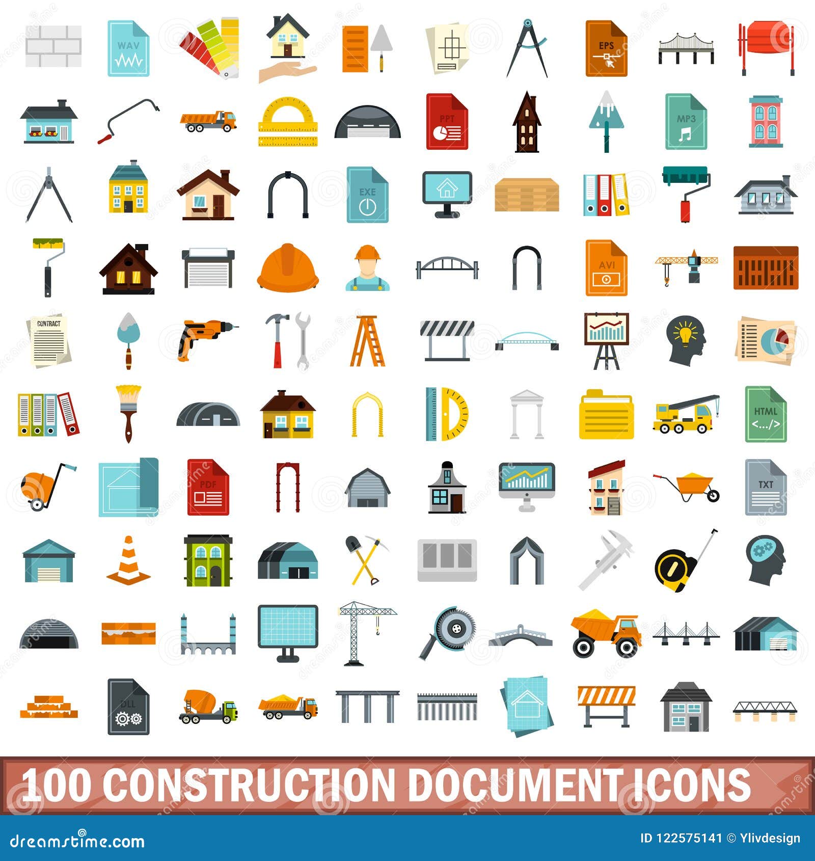 100 Construction Document Icons Set, Flat Style Stock Vector ...