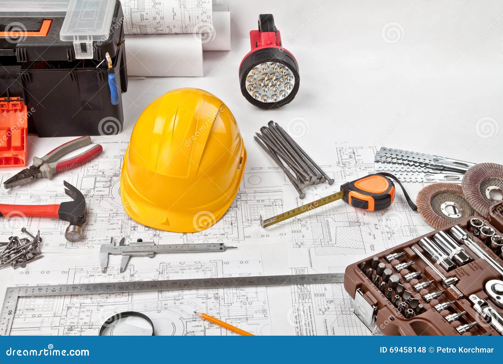 Construction Drafts and Tools Background Stock Photo - Image of ...