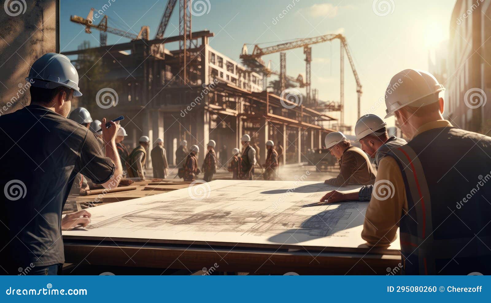 Construction Drawings on the Background of the Construction Site Stock ...