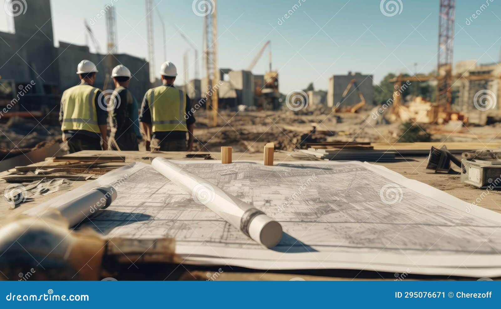 Construction Drawings on the Background of the Construction Site Stock ...