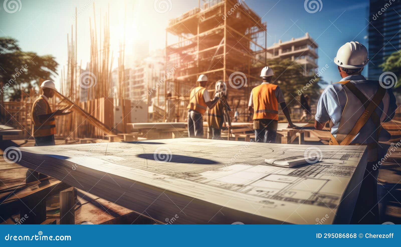 Construction Drawings on the Background of the Construction Site Stock ...