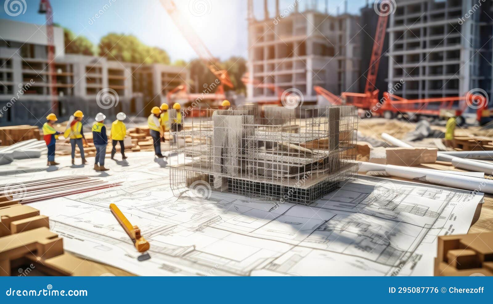 Construction Drawings on the Background of the Construction Site Stock ...