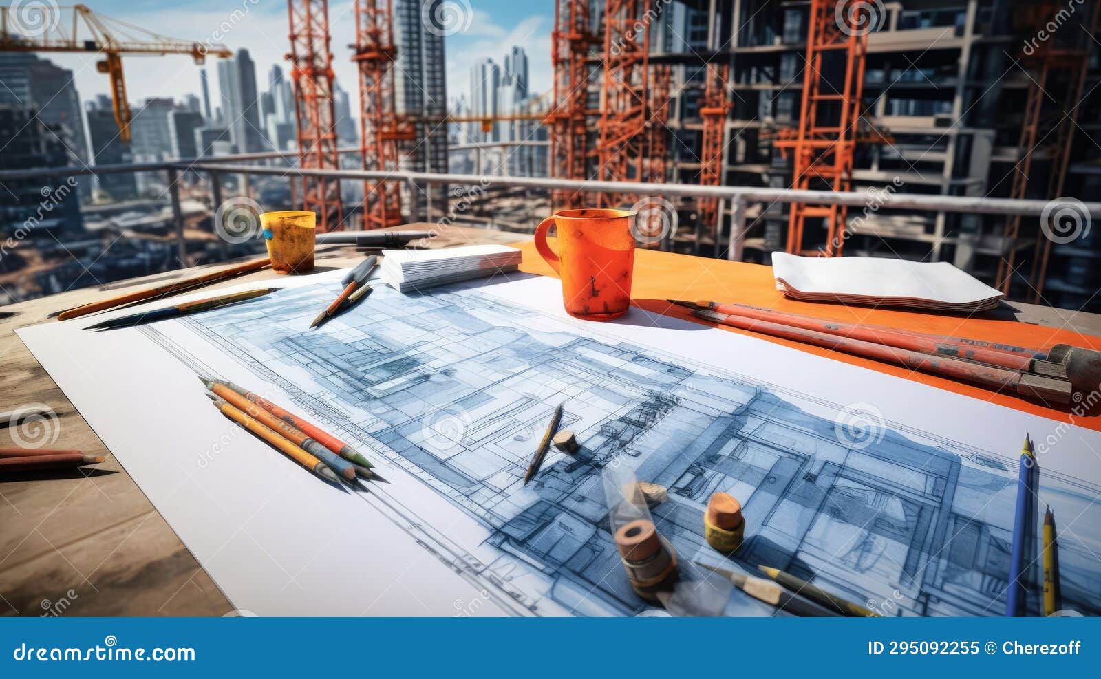 Construction Drawings on the Background of the Construction Site Stock ...