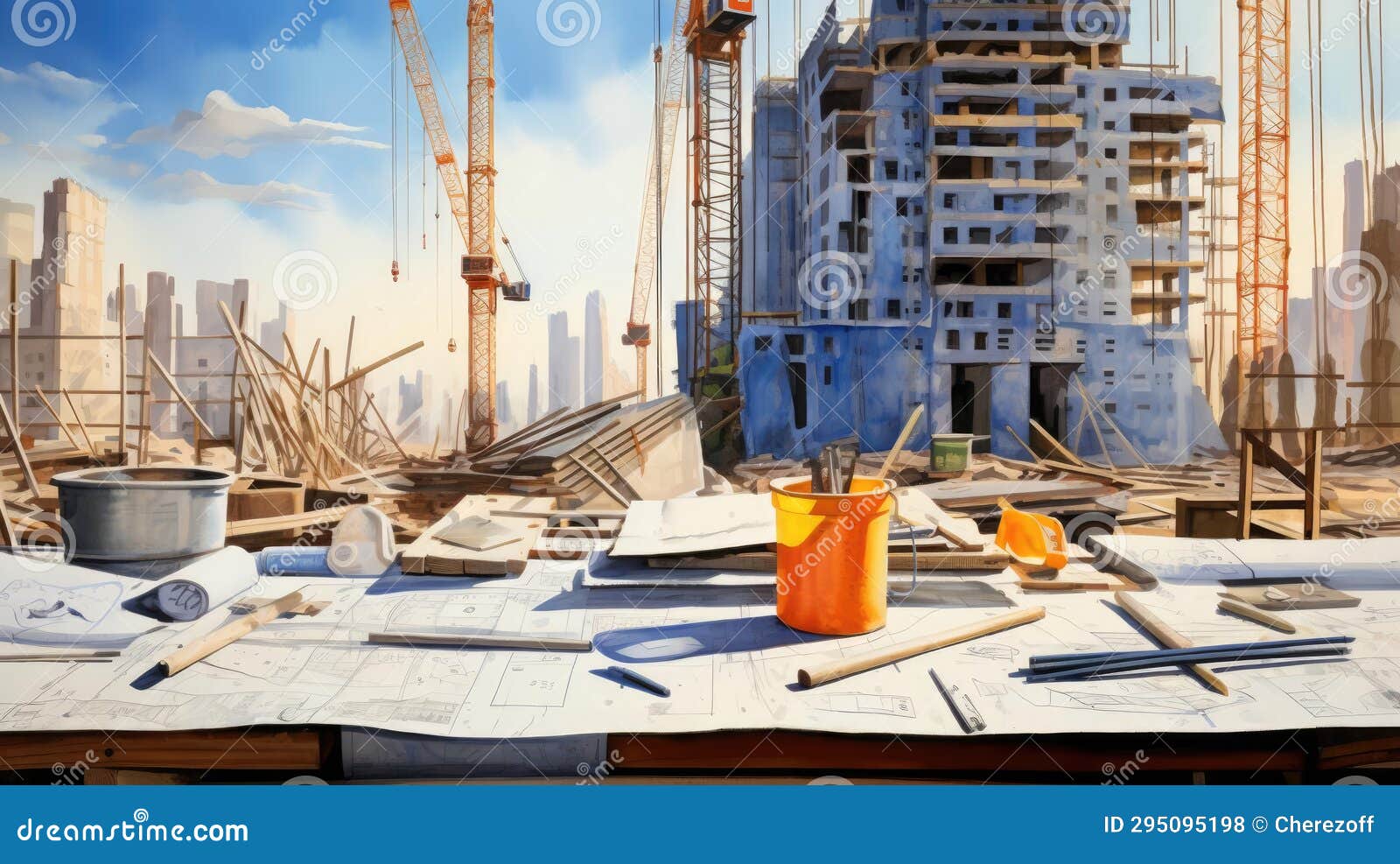 Construction Drawings on the Background of the Construction Site Stock ...