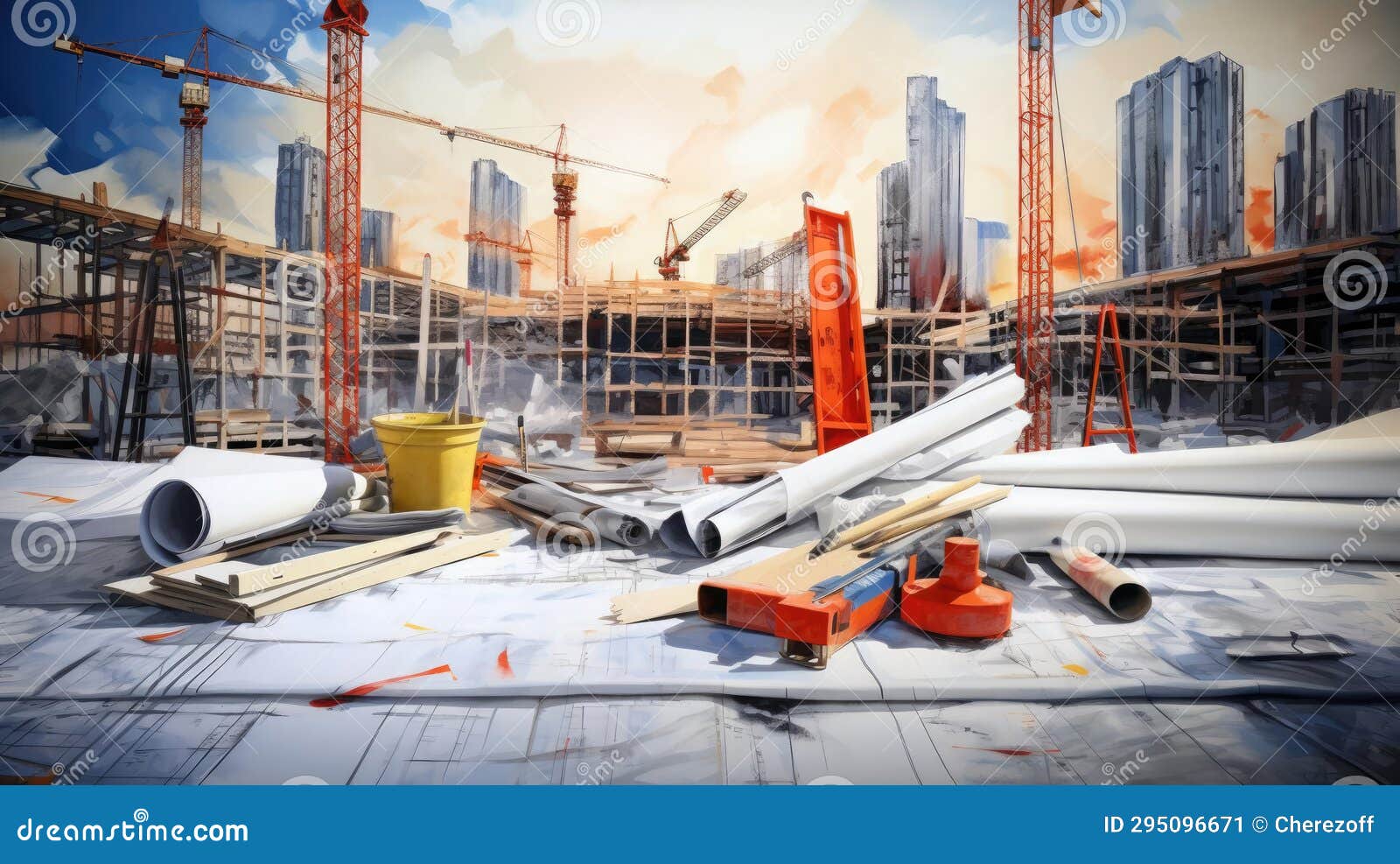 Construction Drawings on the Background of the Construction Site Stock ...