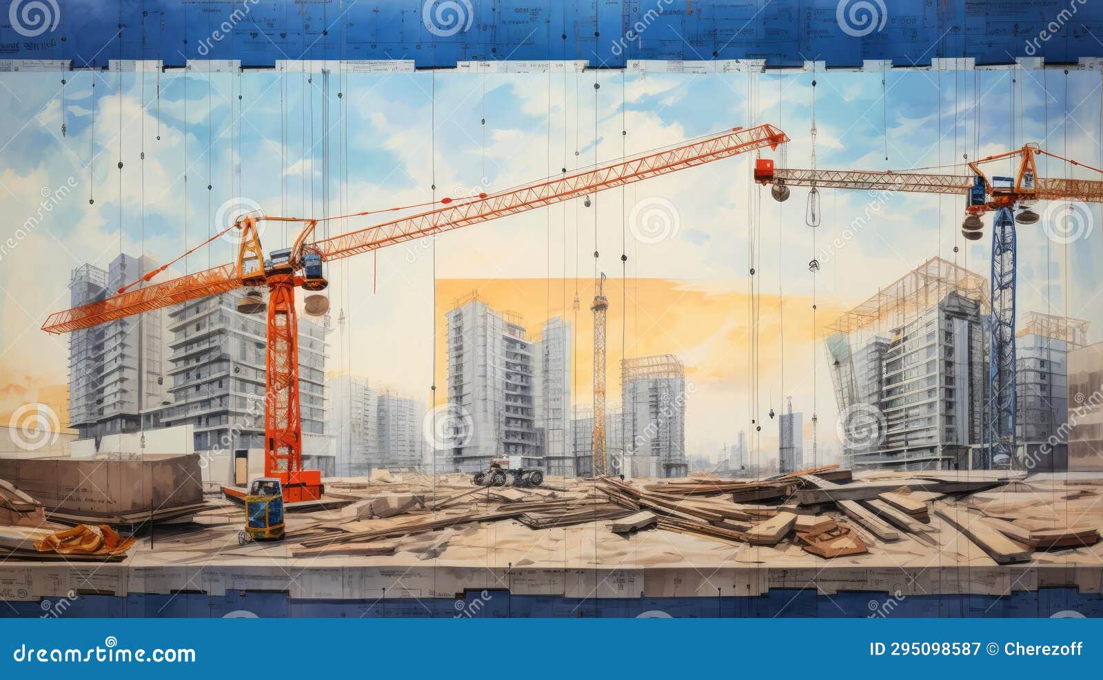 Construction Drawings on the Background of the Construction Site Stock ...