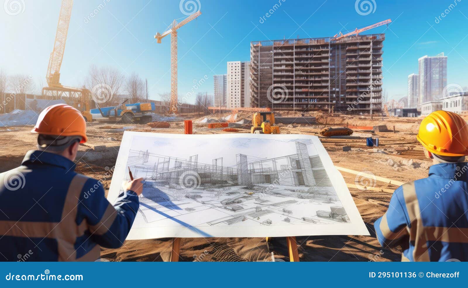 Construction Drawings on the Background of the Construction Site Stock ...