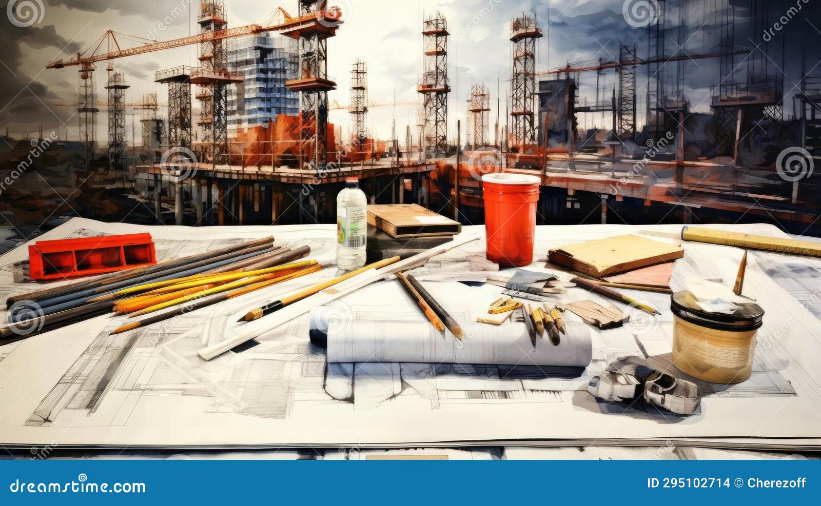 Construction Drawings on the Background of the Construction Site Stock ...