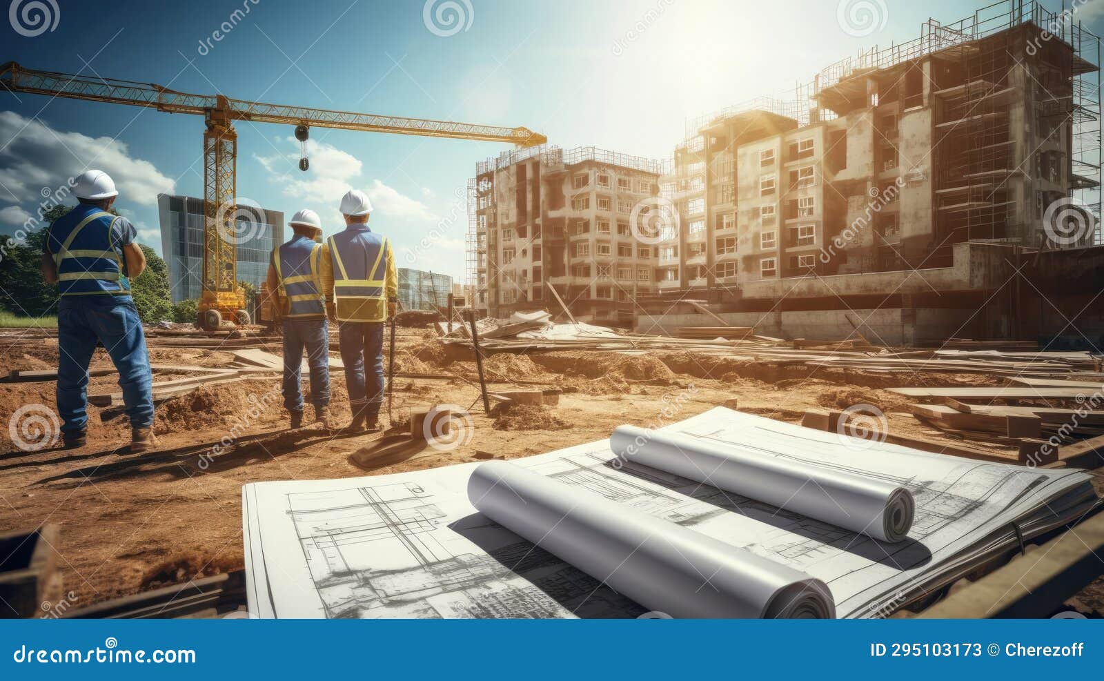 Construction Drawings on the Background of the Construction Site Stock ...
