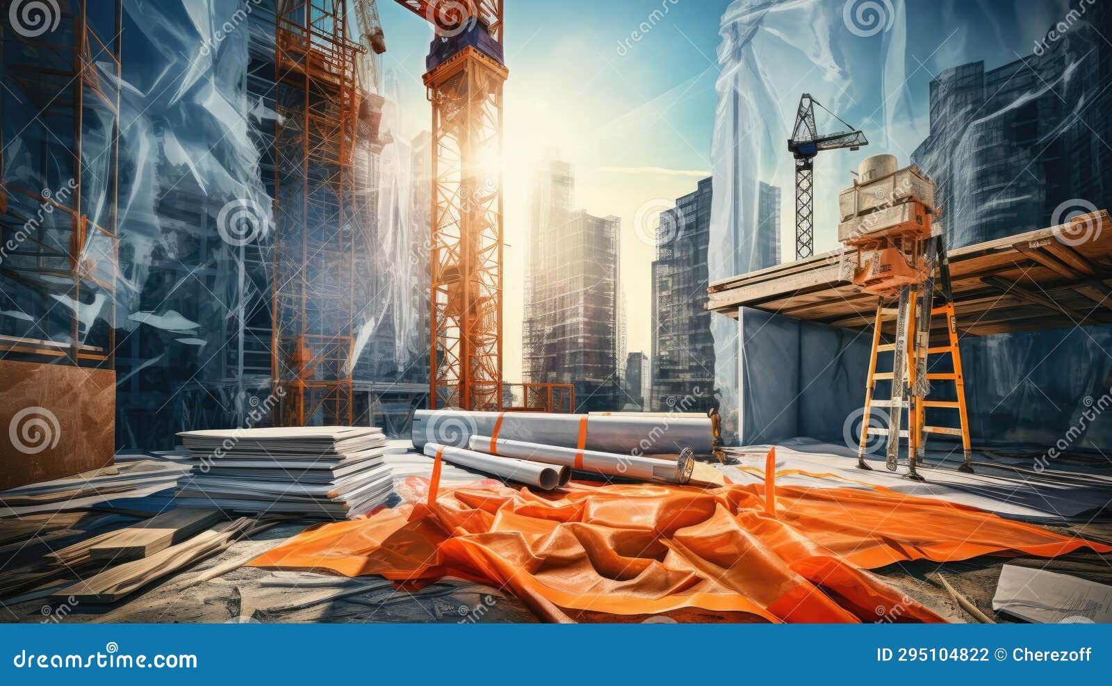 Construction Drawings on the Background of the Construction Site Stock ...