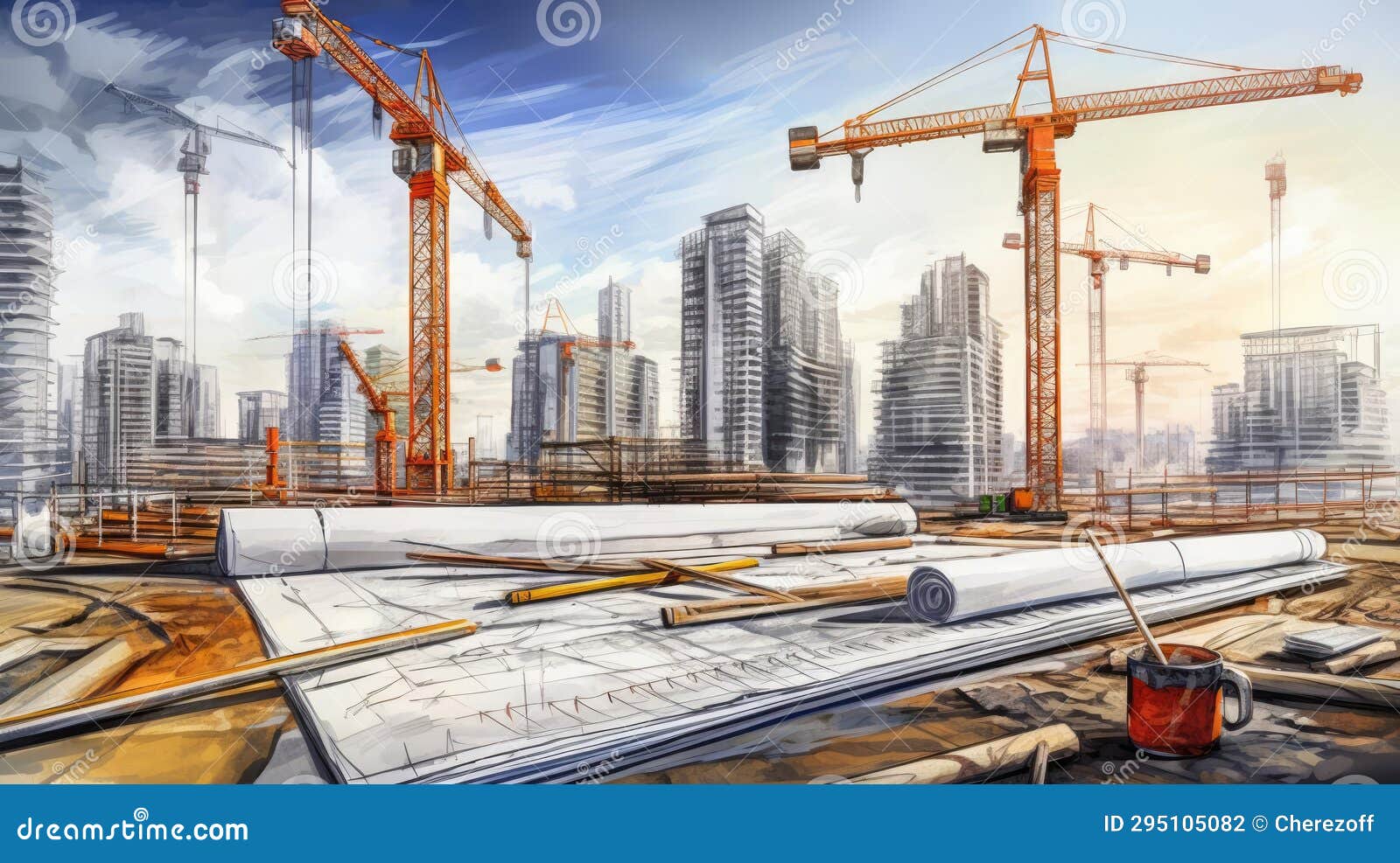 Construction Drawings on the Background of the Construction Site Stock ...