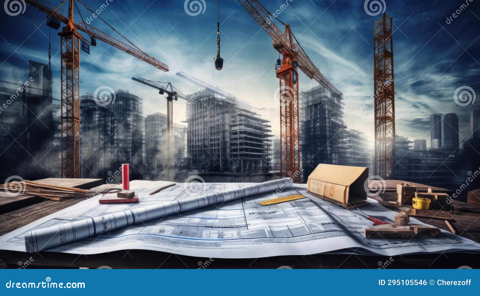 Construction Drawings on the Background of the Construction Site Stock ...