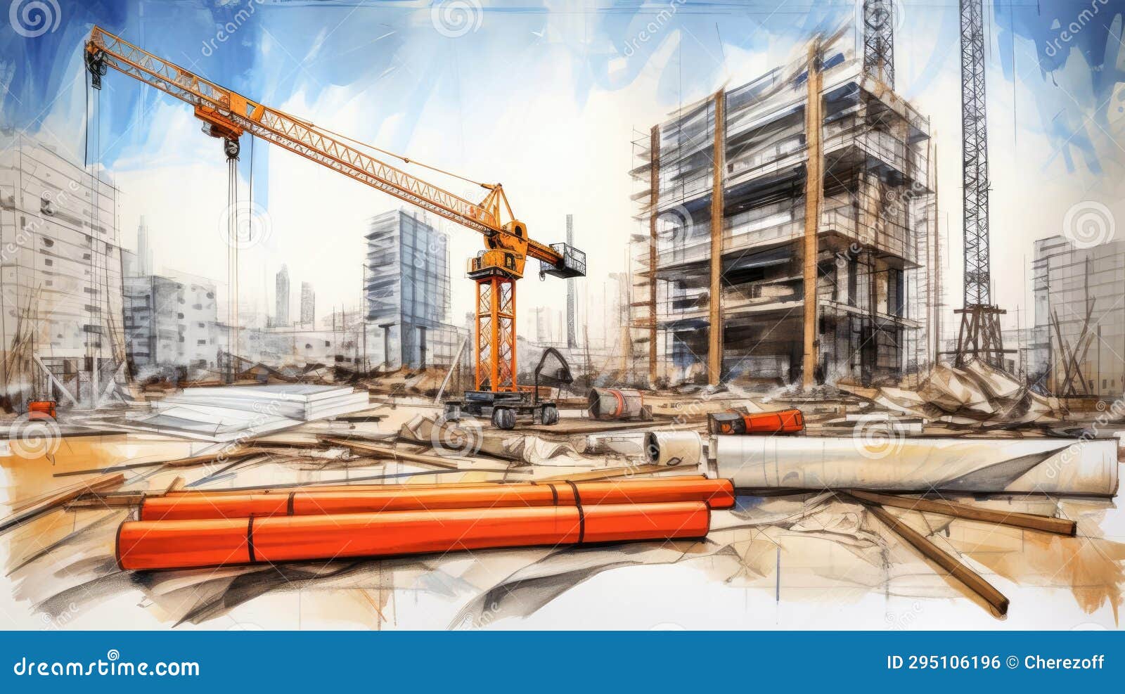 Construction Drawings on the Background of the Construction Site Stock ...