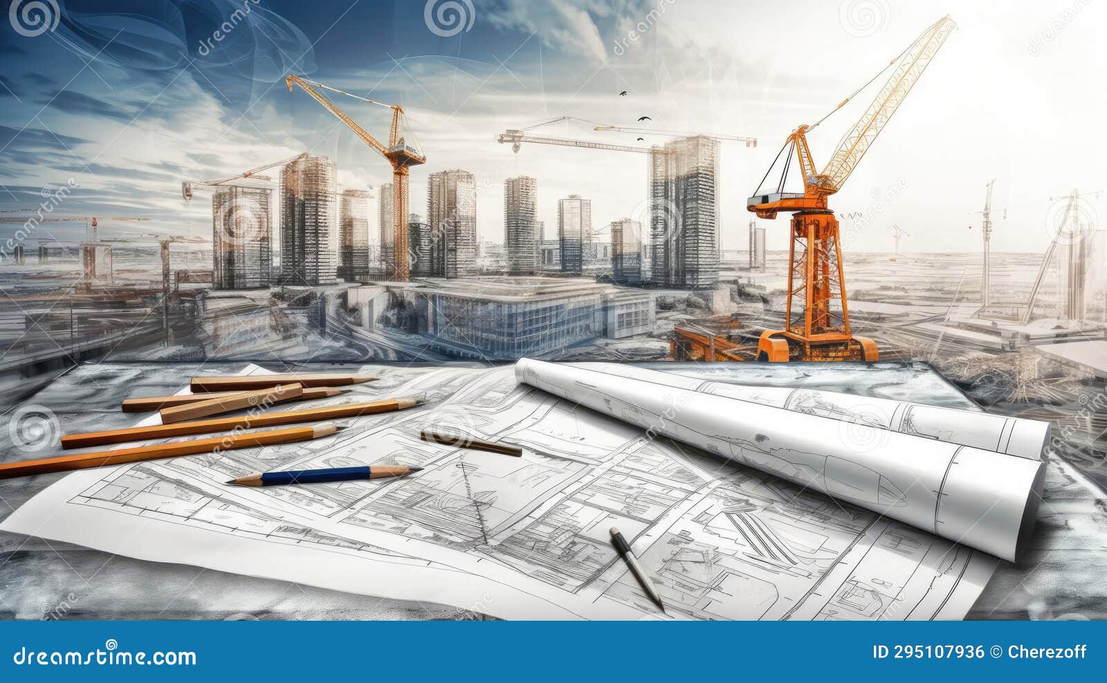Construction Drawings on the Background of the Construction Site Stock ...