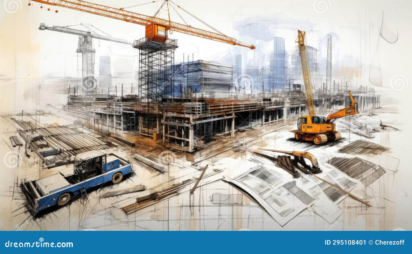 Construction Drawings on the Background of the Construction Site Stock Image - Image of sketch ...