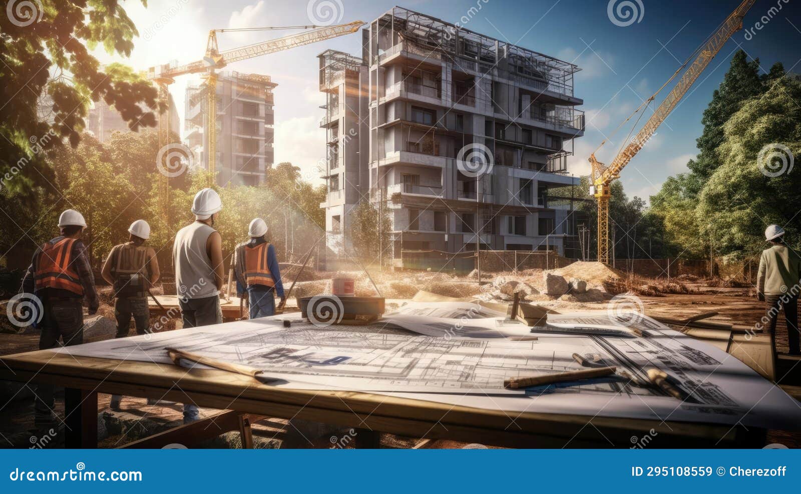 Construction Drawings on the Background of the Construction Site Stock ...