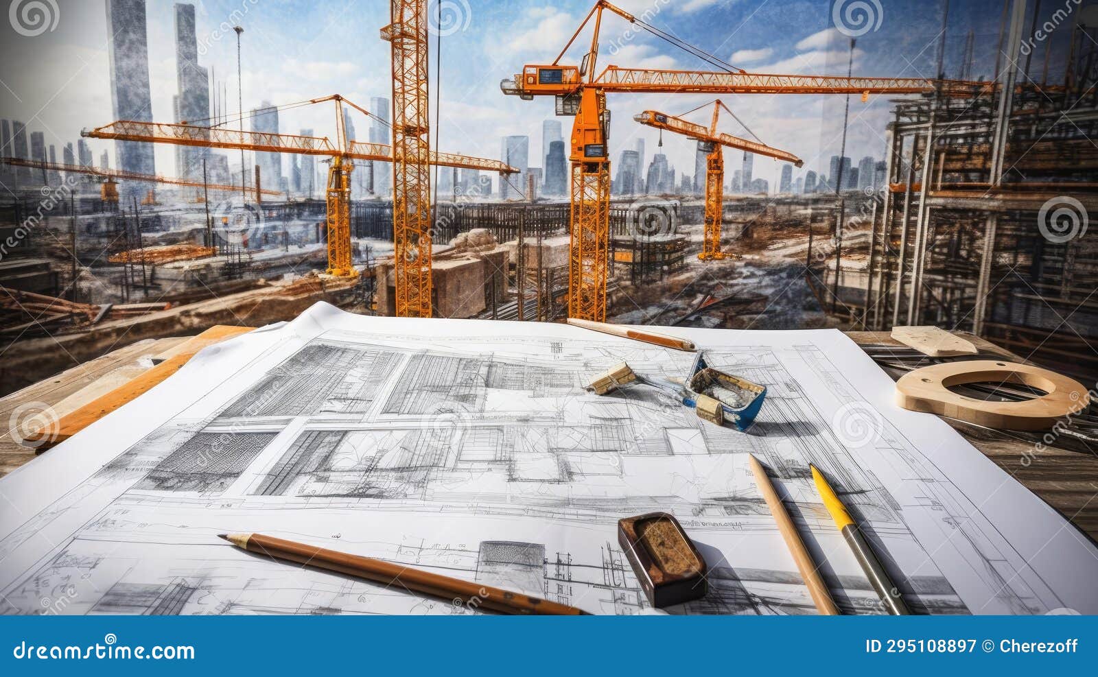 Construction Drawings on the Background of the Construction Site Stock ...